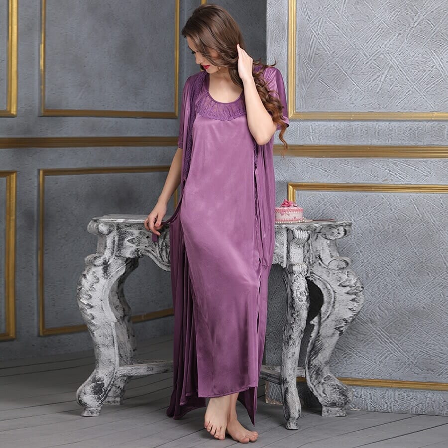 2 Pcs Satin Nightwear In Purple – Robe, Nightie | Secret Buy